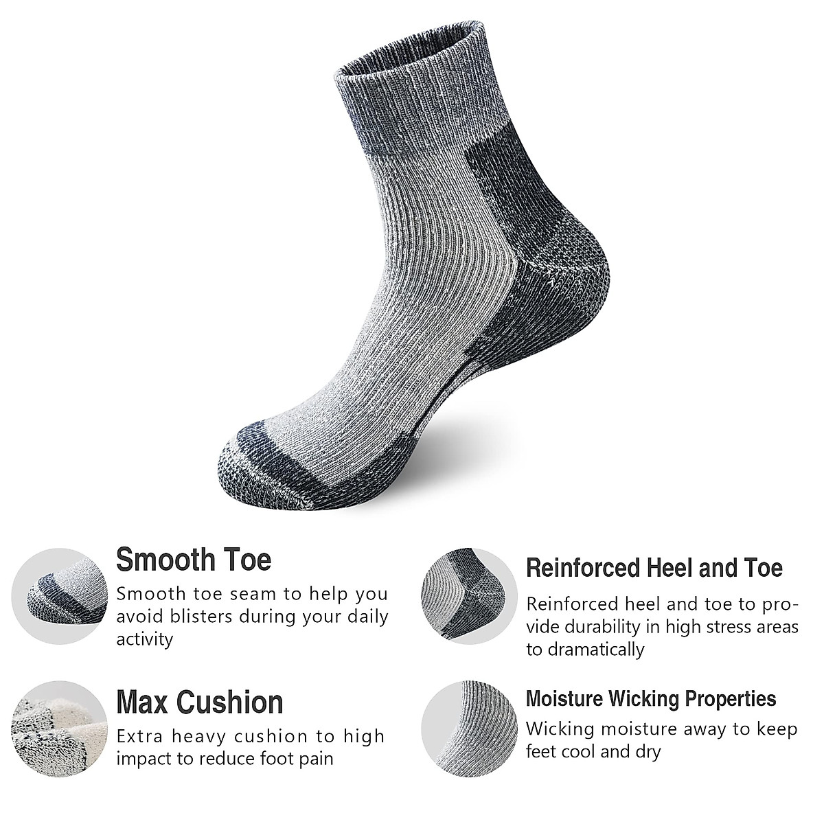 GKX Men's Merino Wool Cushioned Cozy Low Cut Hiking Thermal Boot Socks 3 Pairs