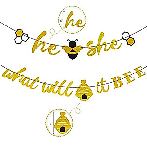 Morndew Glitter He or She What Will It BEE Banner for Boy or Girl Birthday Party Gender Reveal Party Baby Shower Bunting Decoration