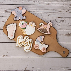 Baby Shower Cookie Cutter 6 Pack 3D Stampers Molds DIY Fondant Decorating for Kids' Birthday Party Kitchen Tools, Making Rocking Horse Baby Face Letter Teddy Bear Elephant Foot