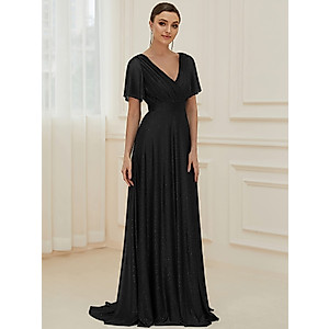 Ever-Pretty Womens Evening Dresses V Neck Short Sleeves A-line Glitter Formal Dresses Black US16