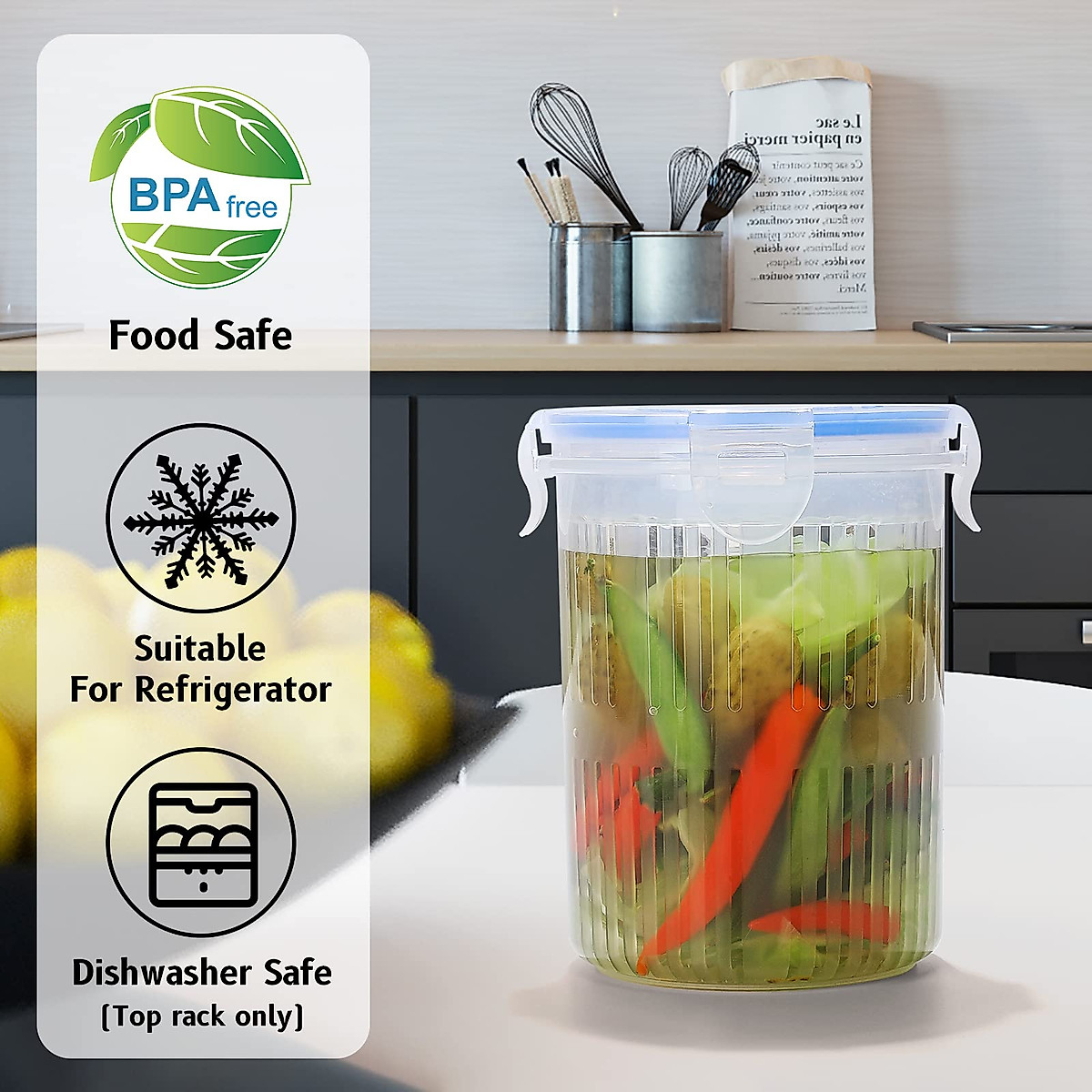 Qiuhome Pickle Container with Strainer, Pickle Jar with Strainer Jalapeno Container Pickled Food Container - 2 Pack