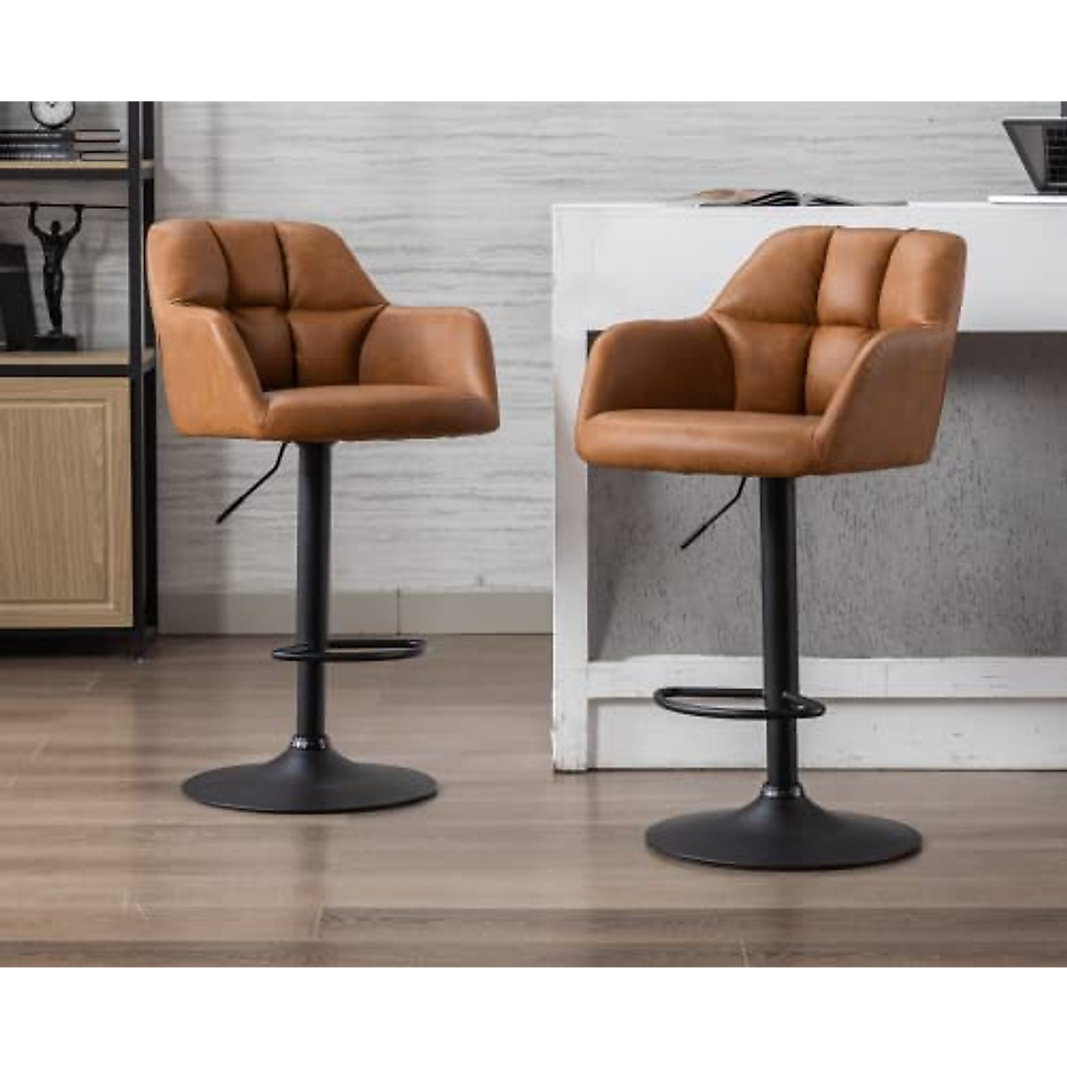 EALSON Modern Swivel Bar Stools Set of 2 Leather Counter Height Barstools with Back and Arms Adjustable Bar Stool Chairs with Metal Base for Kitchen Island/Home Bar/Dining Room, Brown