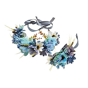Vivivalue Flower Wreath Crown Boho Flower Headband Hair Garland Floral Headpiece Halo with Wrist Wedding Party Festival Photos Blue