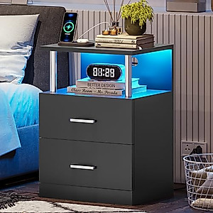 VIAGDO LED Nightstand with Charging Station and USB Ports, Black Night Stand with 2 Drawers, Modern End Side Tables with Open Storage, Bedside Tables for Bedroom, Office