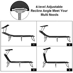 GYMAX Lounge Chair, Folding Recliner Patio Chair for Outdoor Patio Garden Beach Pool with Adjustable Reclining Positions, Sun Shade (Black)