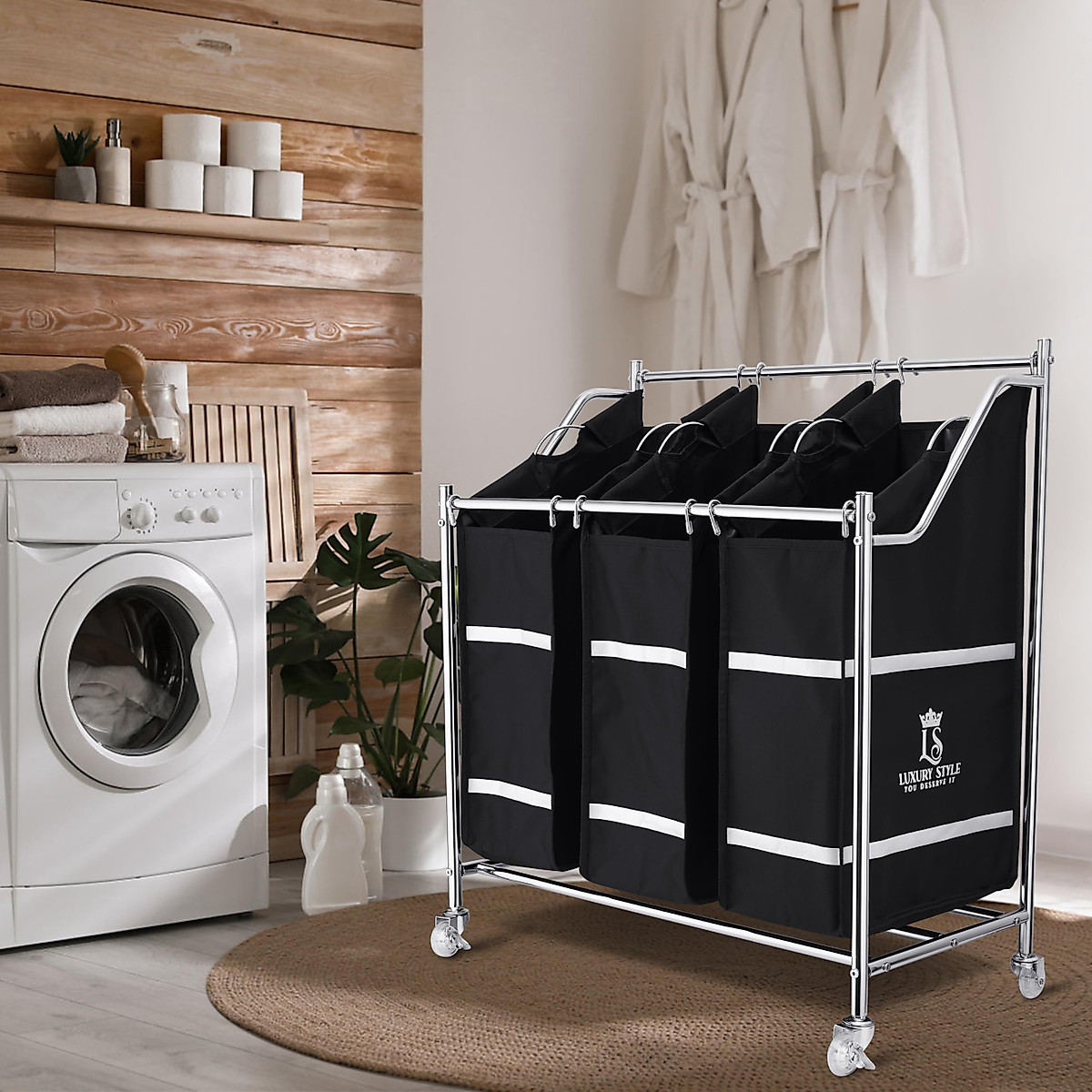 LUXURY STYLE 3- Sections Laundry Sorter, Roling Laundry Cart, Modern Golden Laundry Hamper, 3-Bags Laundry Hamper with Wheels, Laundry Basket, XL Hamper for Clothes, Toys, and Towels (Elegant Silver)