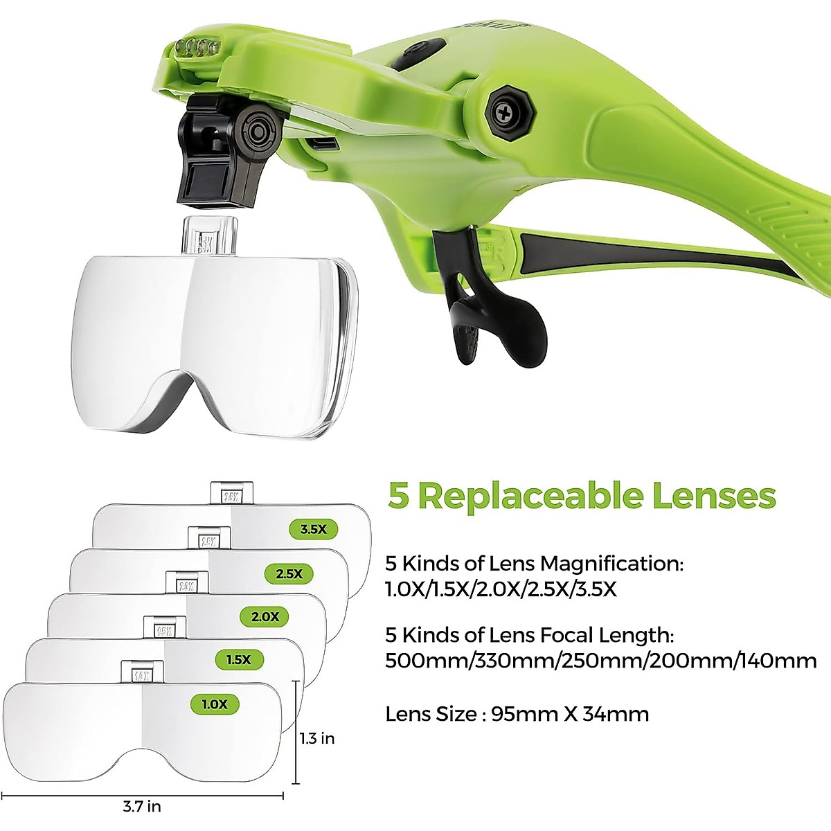 Dilzekui 1X to 3.5X Magnifying Glasses with Light, Rechargeable Magnifying Glass with Carry Case, Detachable 5 Lenses, Headband Magnifier Magnifying Headset for Close Work Jewelry Crafts Hobby