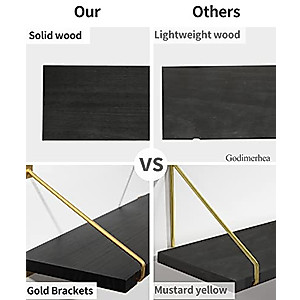 Godimerhea Black Floating Shelves for Wall, Set of 2 Wall Mounted Hanging Wood Shelf with Gold Brackets, Modern Luxury Decor Organizers Storage Shelves for Bathroom, Living Room, Bedroom