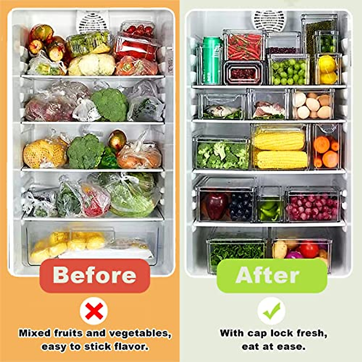 Finkoo 10 Pcs Fridge Organizer, Stackable Refrigerator Storage Bins with Lids, Kitchen Organization and storage BPA-Free Pantry Clear Storage Containers for Food, Drinks, Vegetable Fruits
