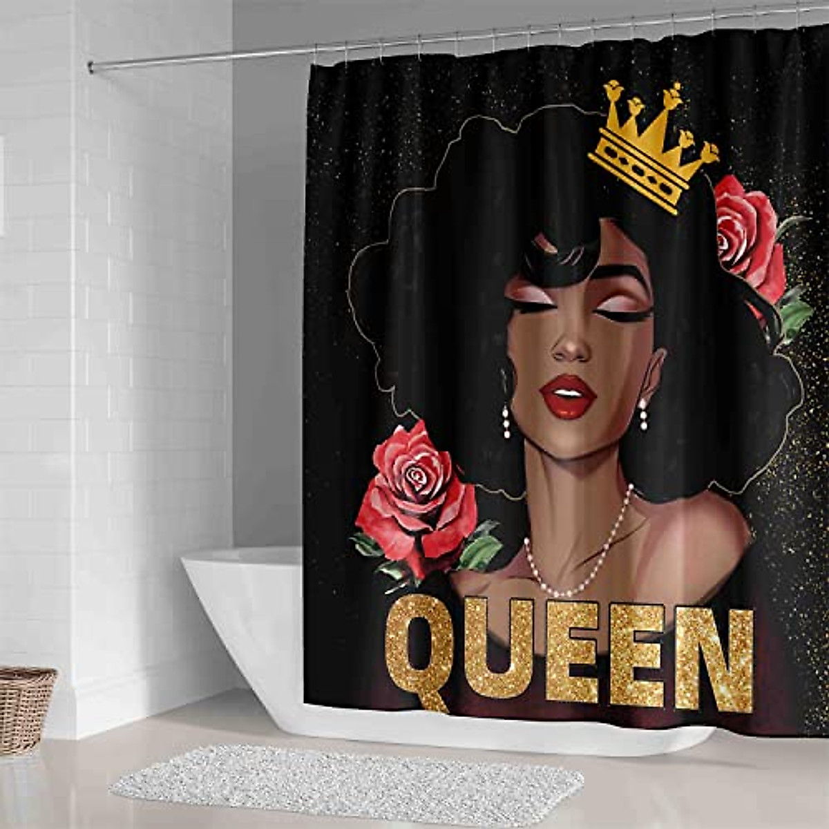 MrLYouth African American Sexy Women Bathroom Sets with Shower Curtain,Non-Slip Rugs,Bath Mat,Toilet Lid Cover,Accessories with 12 Hooks,Super Soft Waterproof Fancy Afro Girl Bathroom Decor 4 Pcs
