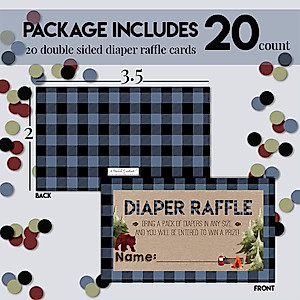 Amanda Creation Oh Boy! Outdoorsy Blue and Black Plaid Lumberjack Diaper Raffle Tickets for Boy Baby Showers, 20 2" X 3” Double Sided Inserts, Bring a Pack of Diapers to Win Favors &
