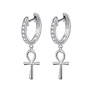 S925 Sterling Silver Ankh Cross Huggie Hoop Dangle Drop Earrings for Women Men Jewelry