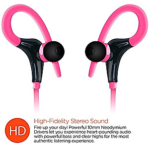 HyperGear Marathon Sport Wireless Bluetooth Earphones. Hands-free Music + Mic For Calls. Secure Fit & sweatproof For The Gym, Running & Walking (Pink)