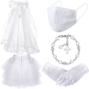 Unittype 5 Pcs First Holy Communion Set for Girls 1st Communion Accessories Headpiece with Veil Gloves Cross Pearl Bracelet, Communion Face Cover Elastic Petticoat Underskirt for Kids Party Wedding