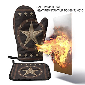 Western Texas Star Heat Resistant Oven Mitts and Pot Holders Set for Kitchen-Soft Cotton Lining with Non-Slip Surface for Safe BBQ Cooking Baking Grilling,Machine Washable