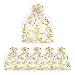 Organza Gift Bags, Drawstring Pouch, Gold Swirl Design for Wedding (120 Pack)