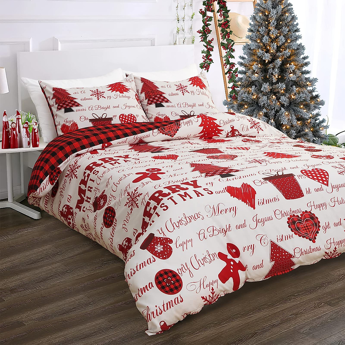 Lyacmy Merry Christmas Bedding Set Queen Size Christmas Tree Duvet Cover 3 Pieces Comforter Cover Set Snowflake Bedding Cover Quilt Cover with Zipper Closure Corner Ties (1 Duvet Cover, 2 Pillowcase)