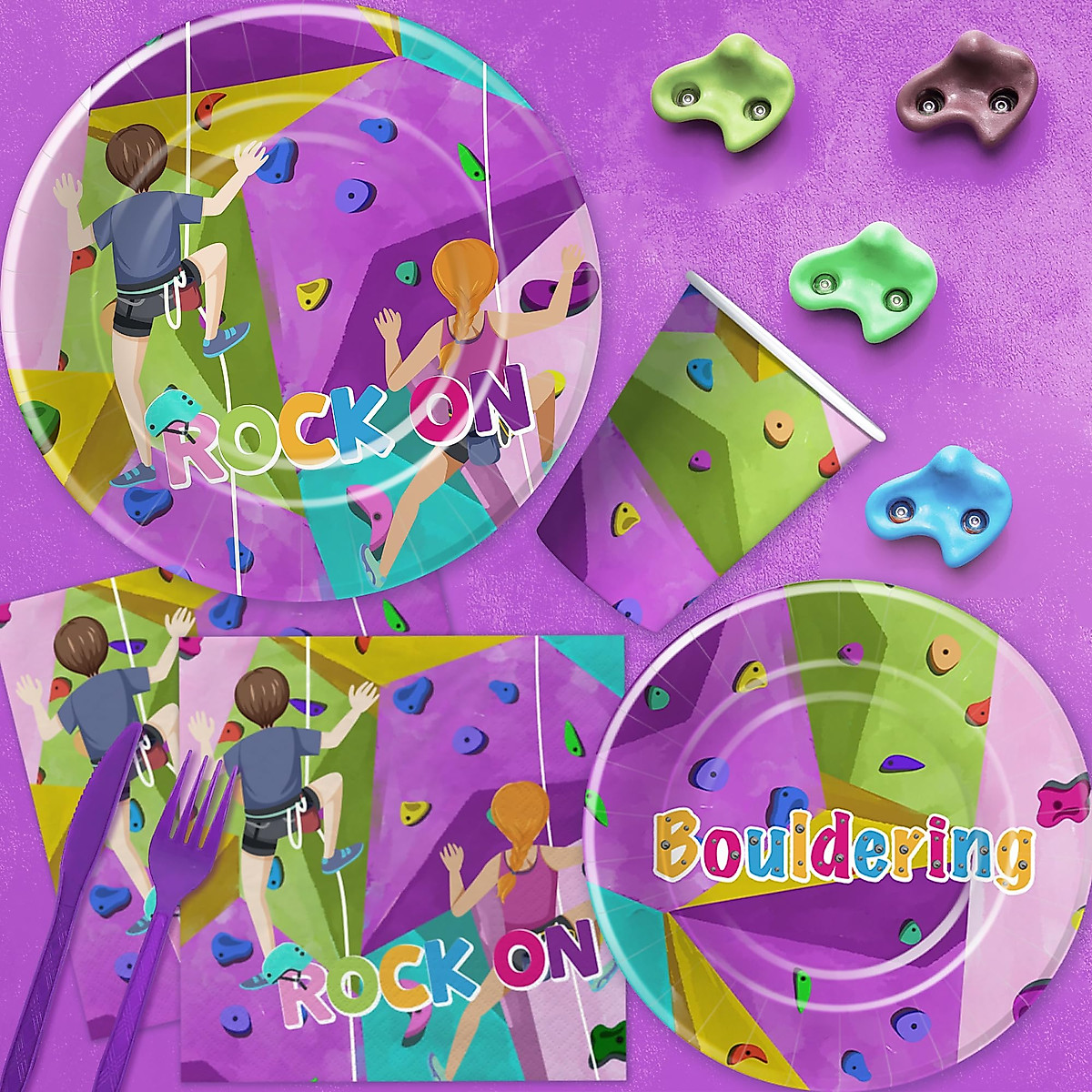 APOWBLS Rock Climbing Birthday Decorations Tableware - Rock Climbing Party Supplies, Paper Plate, Cup, Napkin, Tablecloth, Cutlery, Rock Climbing Camping Adventure Theme Party Decorations | Serve 24