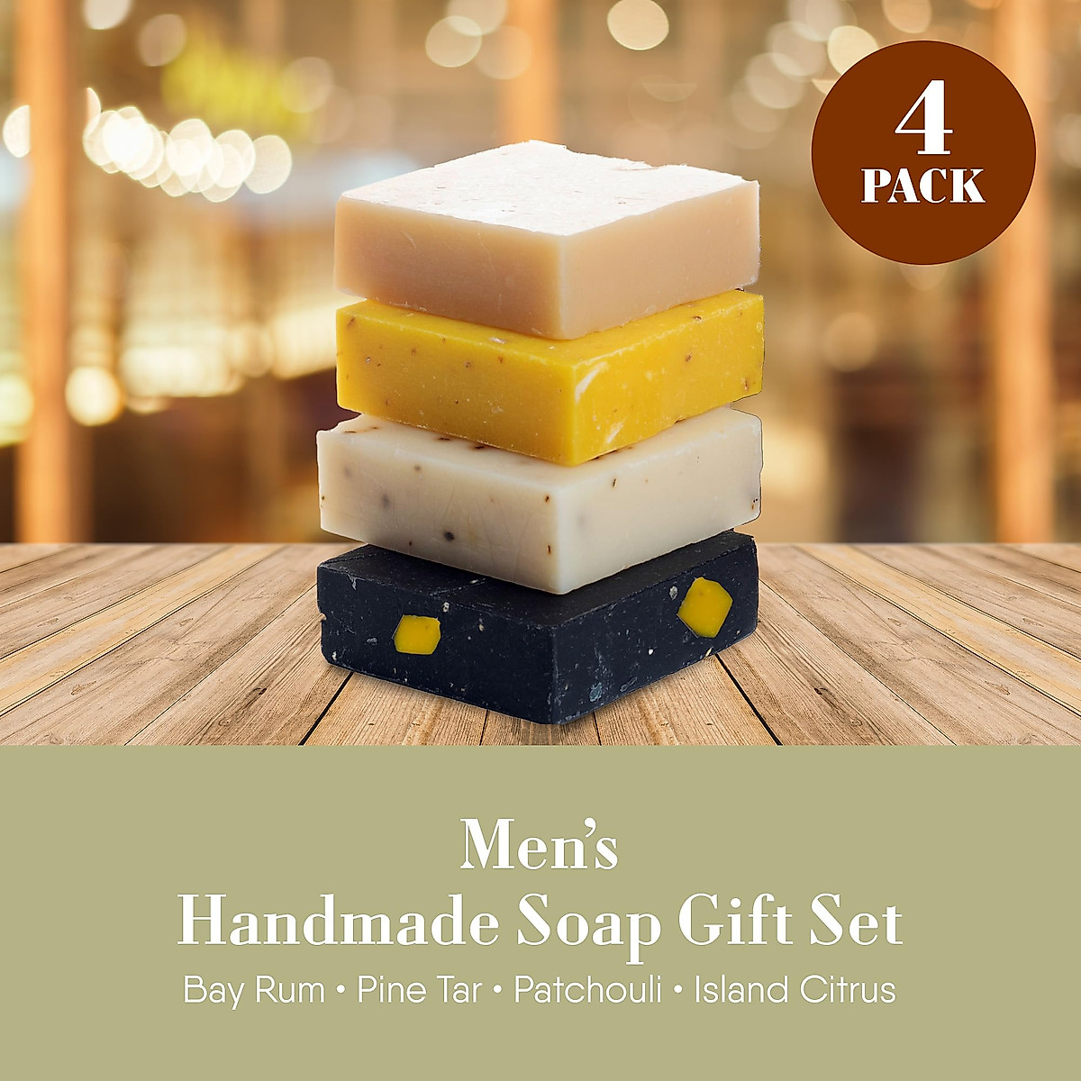 360 Feel Men's Soap bar Handmade -Masculine fragrance-, Patchouli, Pine Tar with Charcoal Beeswax,Citrus - Gift pack- Natural Men Soap- Gift for him Bay Rum, 4 Count (Pack of 1)