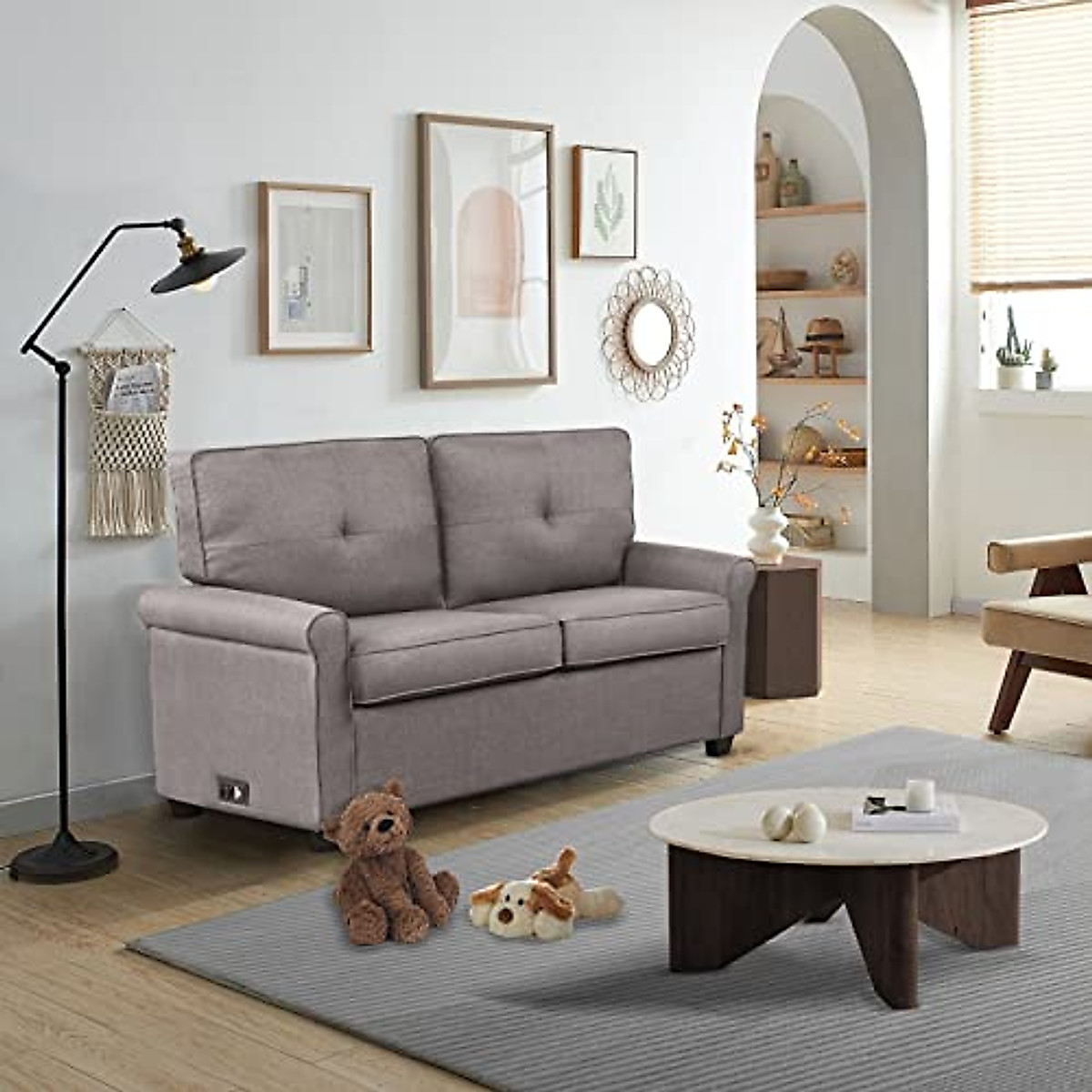 OUllUO Pull Out Sofa Bed Dual Plugs USB Ports, 2-in-1 Convertible Loveseat Sofa Couch Sleeper with Folding Mattress, Modern 2 Seat Small Sofa Couch for Living Room Apartment Guest Bedroom,Gray