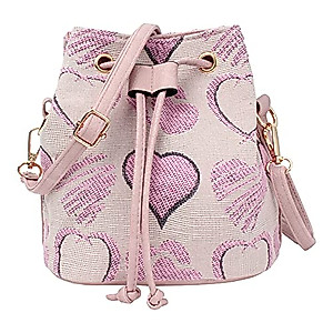 ZLM BAG US Women Girls Faux Leather Drawstring Bucket Bag Pink Heart Print Hobo Shoulder Purse Mini Crossbody Bag