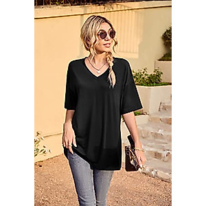 Iandroiy Womens Oversized Tees Loose T Shirts Half Sleeve V Neck Tops (Large, Black)