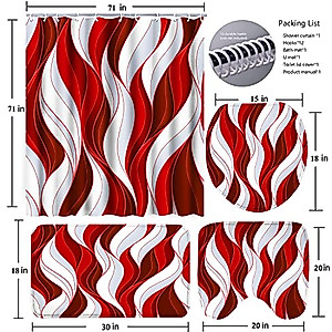 Poedist 4 Pcs Bathroom Shower Curtain Set,Red Stripe Bathroom Decor Trendy Style Shower Curtain Sets with Rugs(Bath Mat,U Shape and Toilet Lid Cover Mat) and 12 Hooks