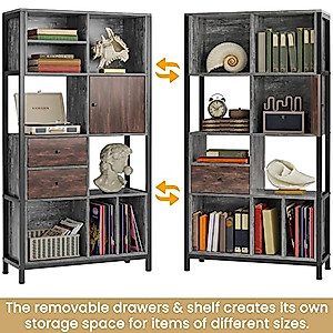 AOGLLATI 6-Tier Industrial Bookshelf, Bookcase with Cabinet and 2 Fabric Drawers, Adjustable Display Shelves with Metal Frame, Standing Storage Shelf for Living Room Bedroom Kitchen Home Office