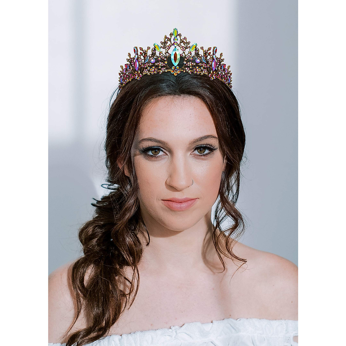 SWEETV Tiaras and Crowns for Women, Iridescent Crystal Queen Crown, Multicolored Wedding Tiara for Bride, Metal Birthday Quinceanera Pageant Prom Headpieces,Gabriella