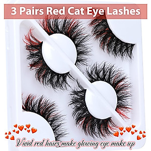 Red False Eyelashes with Color Cat Eye Lashes Mink Dramatic Fluffy Long Fake Lashes Christmas Wispy Strip Curly Lashes Pack 3 Pairs