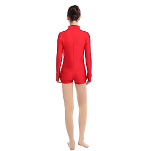 IMEKIS Women Turtleneck Leotard Ballet Dance Gymnastic Bodysuit Boyshorts Adult Spandex One Piece Long Sleeve Dancewear Biketard Unitard Shorts Training Sports Athletic Costume Activewear Red Medium