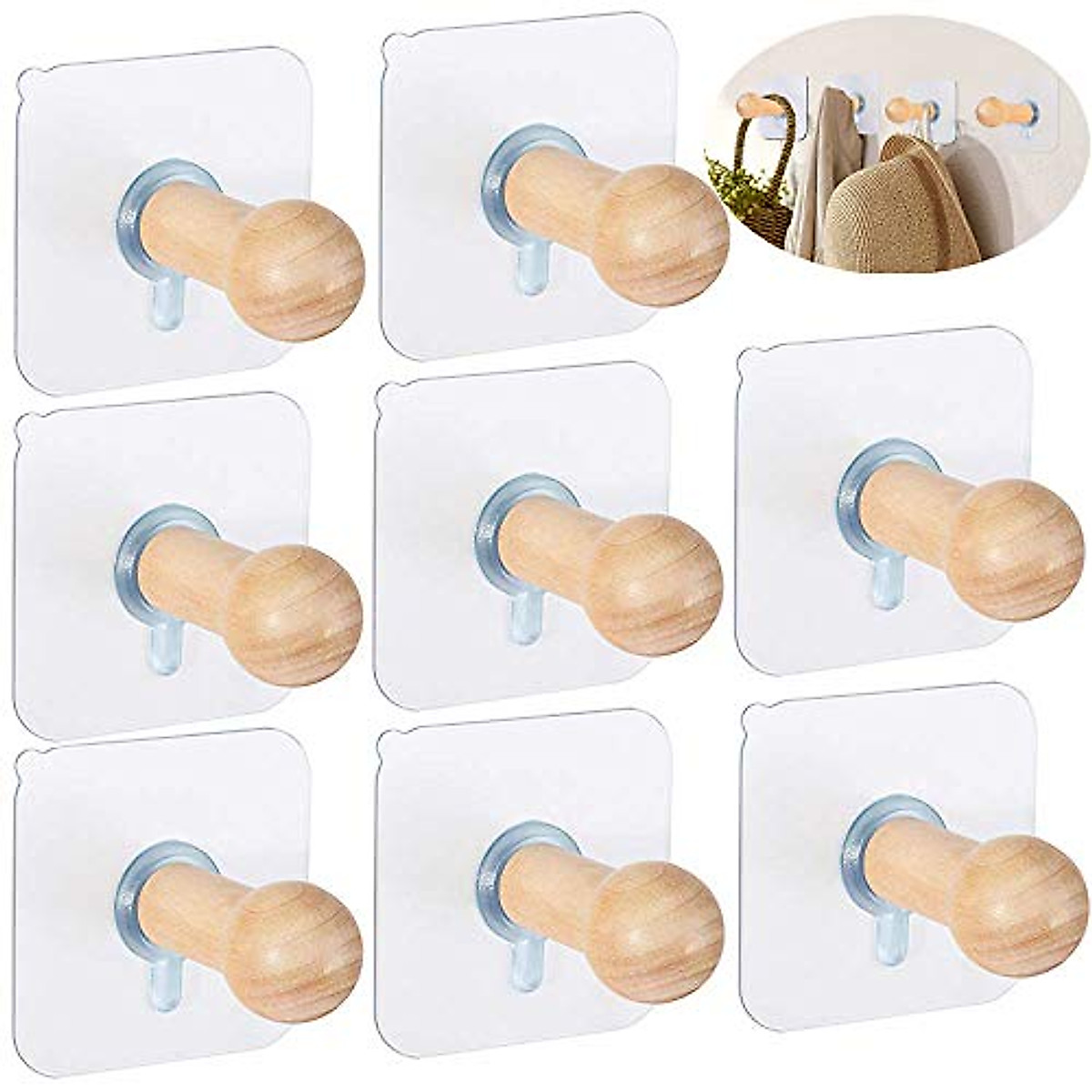 FOTYRIG Adhesive Hat Hooks for Wall Hat Hanger Wall Rack Mounted Coat Hanging Wooden Bathroom Hooks Stick On Door Closet Cabinet Wardrobe Entryway Waterproof OilProof-8 Packs
