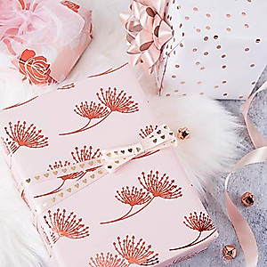 WRAPAHOLIC Wrapping Paper Roll - Rose Gold Floral, Dandelion, Lines and Polka Dots for Wedding, Birthday, Baby Shower - 4 Rolls - 30 inch X 120 inch Per Roll