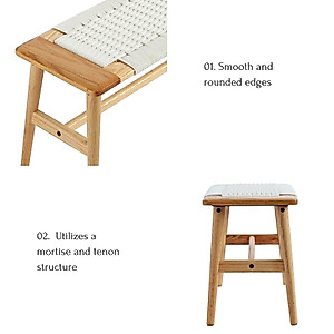 Vadisun 100% Solid Oak Wood Bench,Hand Woven Chair Surface Design,Solid Structure of Chair Legs,Bedroom Bench/Entryway Bench/Dining Bench (Off-White,31.49”*11.81”*15.98”)