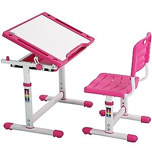 PayLessHere Kids Desk and Chair Set,Height Adjustable Study Desk for Kids with Pull Out Drawer Storage,Multi-function Study Desk and Chair for Writing, Reading and Drawing (Pink)