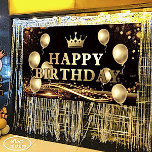 Ushinemi Happy Birthday Backdrop Banner with Gold Balloons Sign for Party Decorations, Large Birthday Party Decorations Photo Background, Black and Gold, 6 x 3.6 Feet