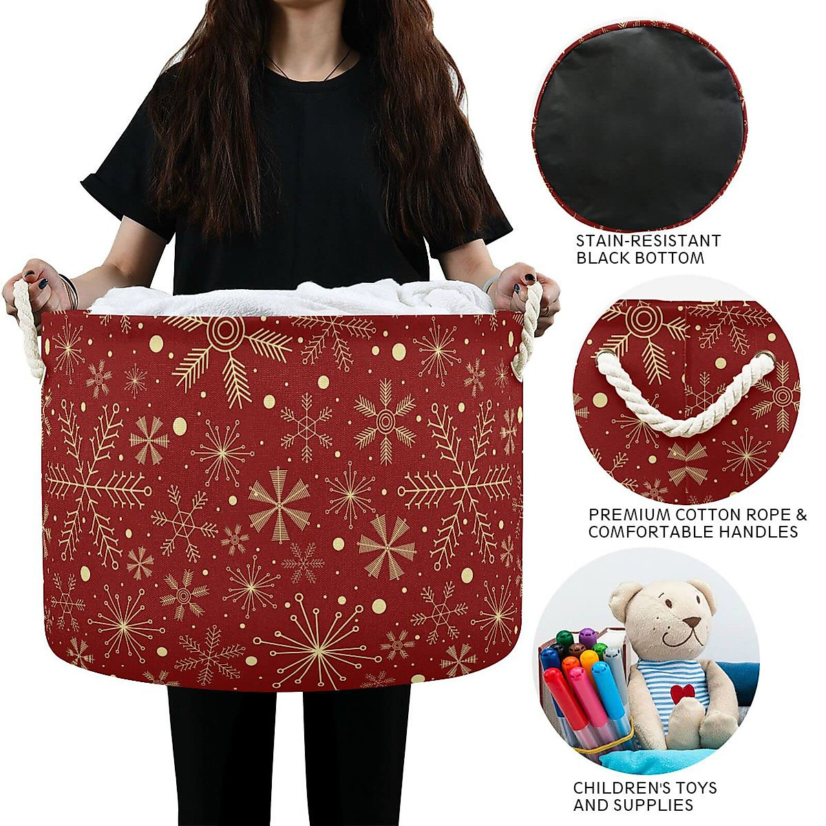Large Storage Basket Christmas Snowflakes on Dark Red Toy Storage Box Organizer Bins with Handles Laundry Hamper Basket for Home Decor