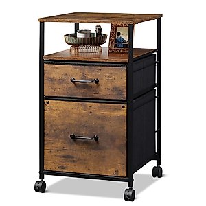 DEVAISE 2 Drawer Mobile File Cabinet, Rolling Printer Stand with Open Storage Shelf, Fabric Vertical Filing Cabinet fits A4 or Letter Size for Home Office, Rustic Brown Wood Grain Print