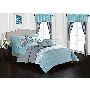 Chic Home Emily 20 Piece Comforter Set Color Block Floral Embroidered Bag Bedding, Queen Aqua Blue