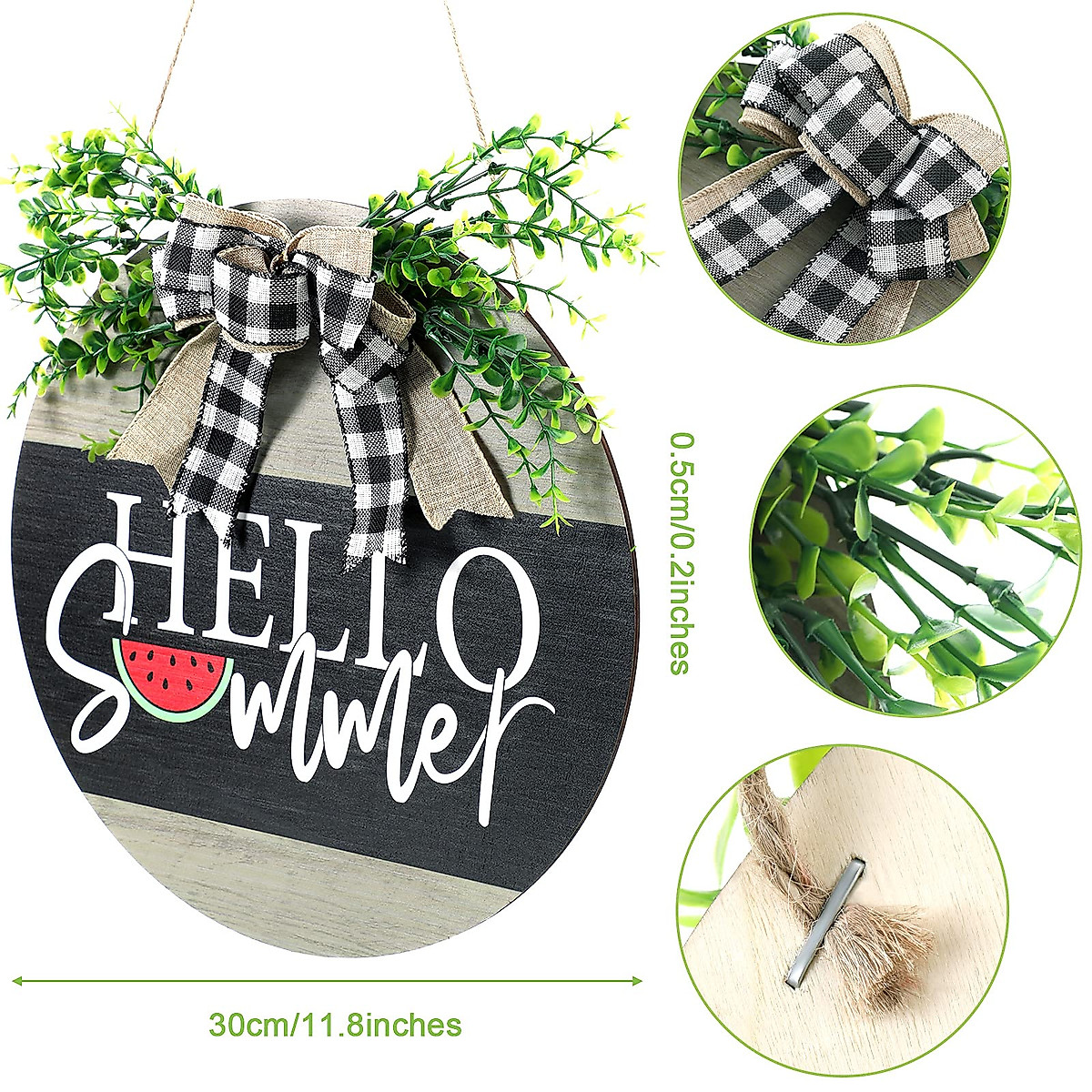 Jetec Hello Summer Sign Wood Door Hanger Rustic Watermelon Plaque Porch Decor Wooden Round Hello Summer Sign with Burlap Bow Wreaths for Summer Home Farmhouse Porch Garden Yard Decoration