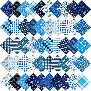 Hicarer 100 Pcs 5 x 5 Inch Christmas Cotton Fabric Square Winter Blue White Quilting Fabric Bundles Patchwork Snowflake Reindeer 25 Styles Christmas Printed Fat Quarter for Xmas Sewing DIY Crafts