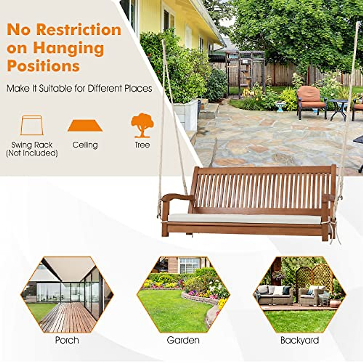 Happygrill Hanging Porch Swing 2-Seat Wooden Swing Bench with Cushion and Hanging Ropes, Outdoor Patio Swing for Garden and Backyard