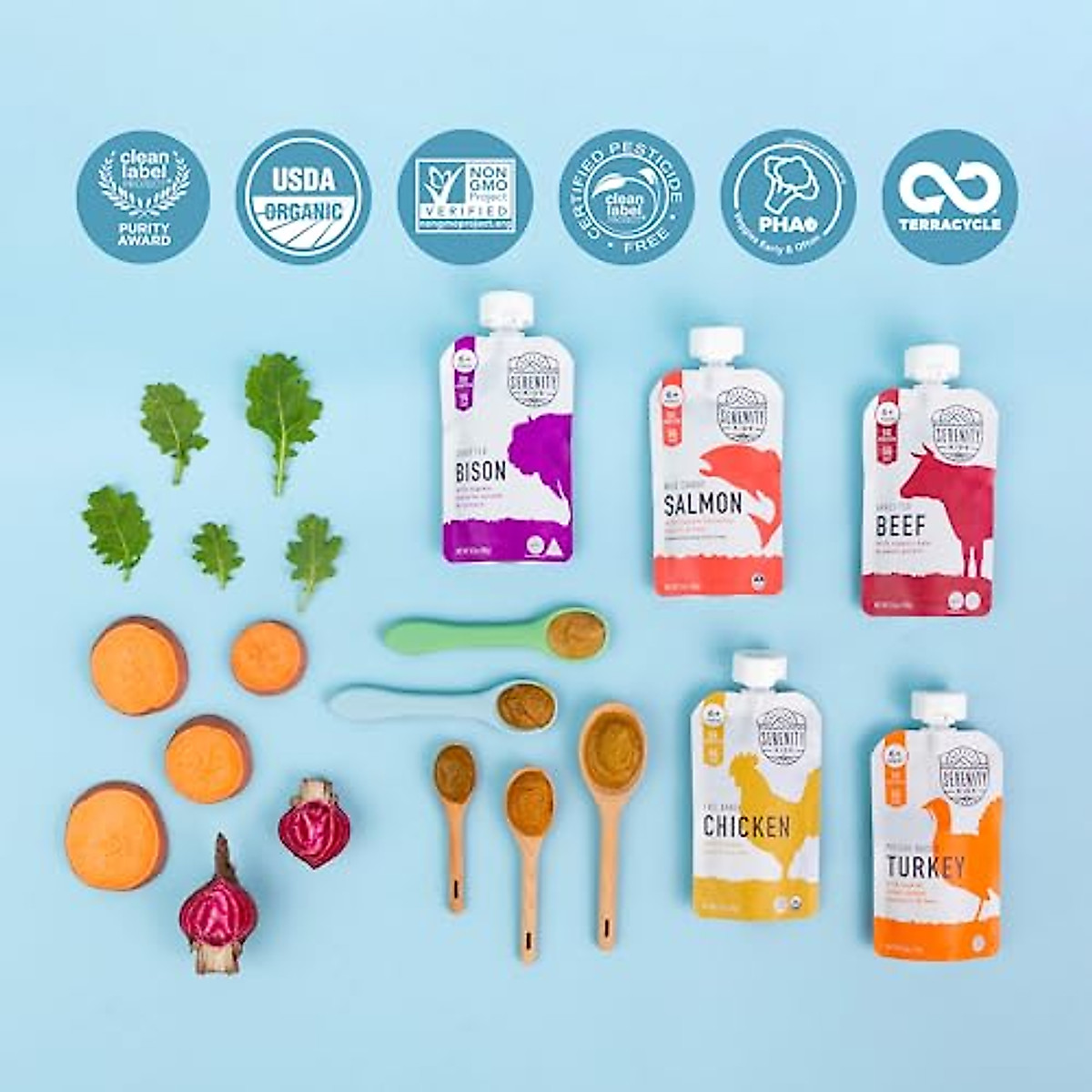 Serenity Kids 6+ Months Baby Food Pouches Puree Made With Ethically Sourced Meats & Organic Veggies | 3.5 Ounce BPA-Free Pouch | Free Range Chicken, Pea, Carrot | 1 Count