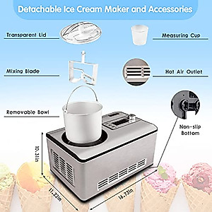 KUMIO Ice Cream Maker with Compressor, No Pre-Freezing, 2 Quart Stainless Steel Ice Cream Maker Machine with LCD Display, Timer, 2 in 1 Ice Cream Yogurt Machine, Electric Fruit Yogurt Machine, 180W