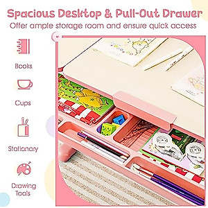 Costzon Kids Desk and Chair Set, Height-Adjustable Student Study Desk with Tiltable Desktop, Book Stand, Ergonomic Chair with Footrest, Writing Table & Chair Set for Boys Girls (Pink)