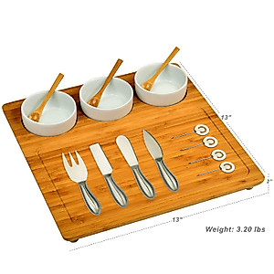 Picnic at Ascot Bamboo Cheese Board/Charcuterie Platter - Includes 3 Ceramic Bowls, Bamboo Spoons, Stainless Steel Cheese Tools, Cheese Markers - Designed and Quality Checked in The USA