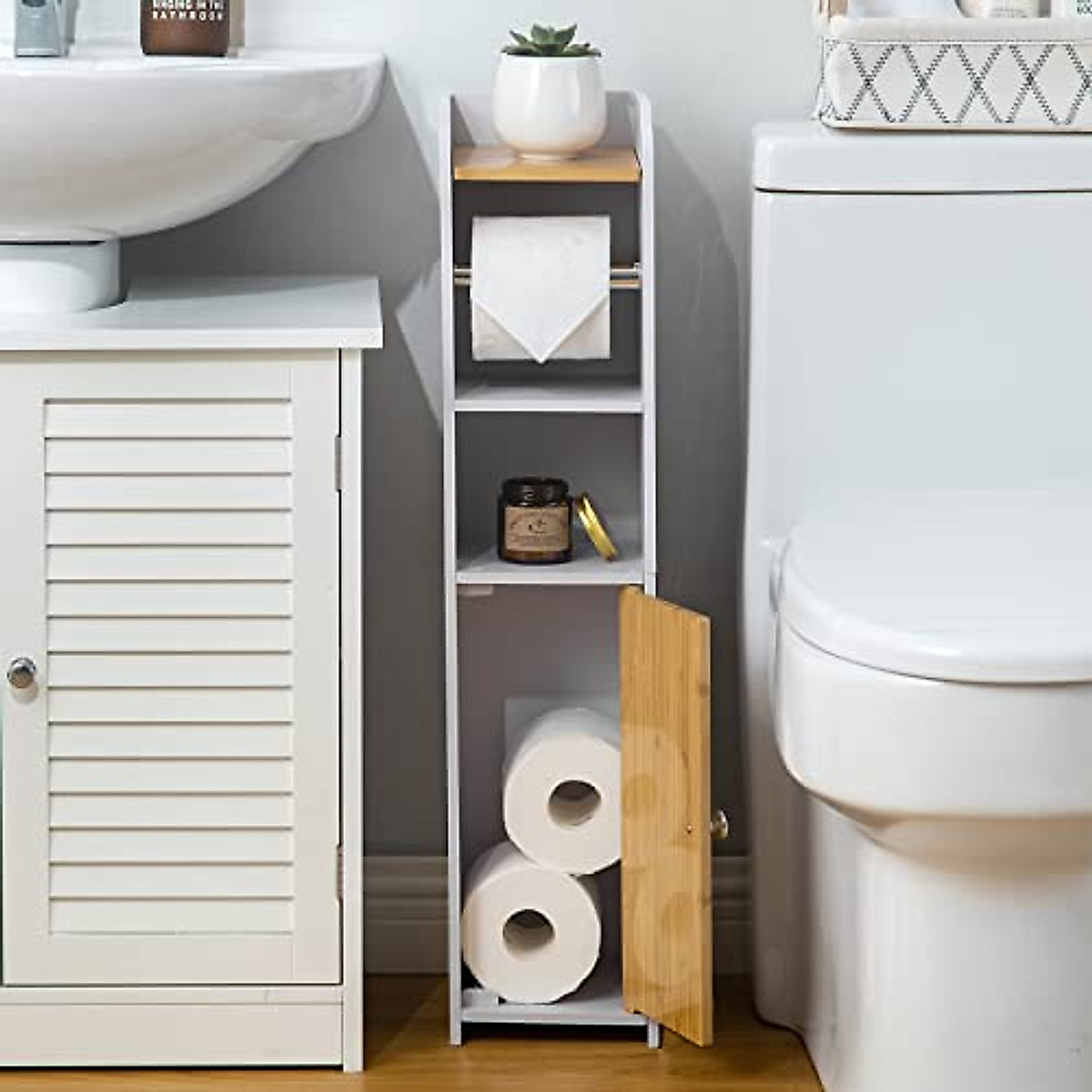 AOJEZOR Bathroom Storage Cabinet,with Toilet Paper Holder Storage Stand,Set of 2-White & Bamboo Small Bathroom Cabinet Fit for Toilet Paper Storage,Waterproof Toilet Cabinet Perfect for Small Space