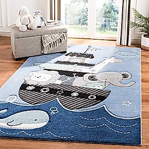 SAFAVIEH Carousel Kids Collection Area Rug - 5'3" x 7'6", Blue & Grey, Animal Design, Non-Shedding & Easy Care, Ideal for High Traffic Areas for Boys & Girls in Playroom, Nursery, Bedroom (CRK121B)