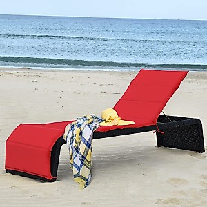 COSTWAY Patio Rattan Lounge Chair Chaise Recliner Back Adjustable Cushioned Garden Red
