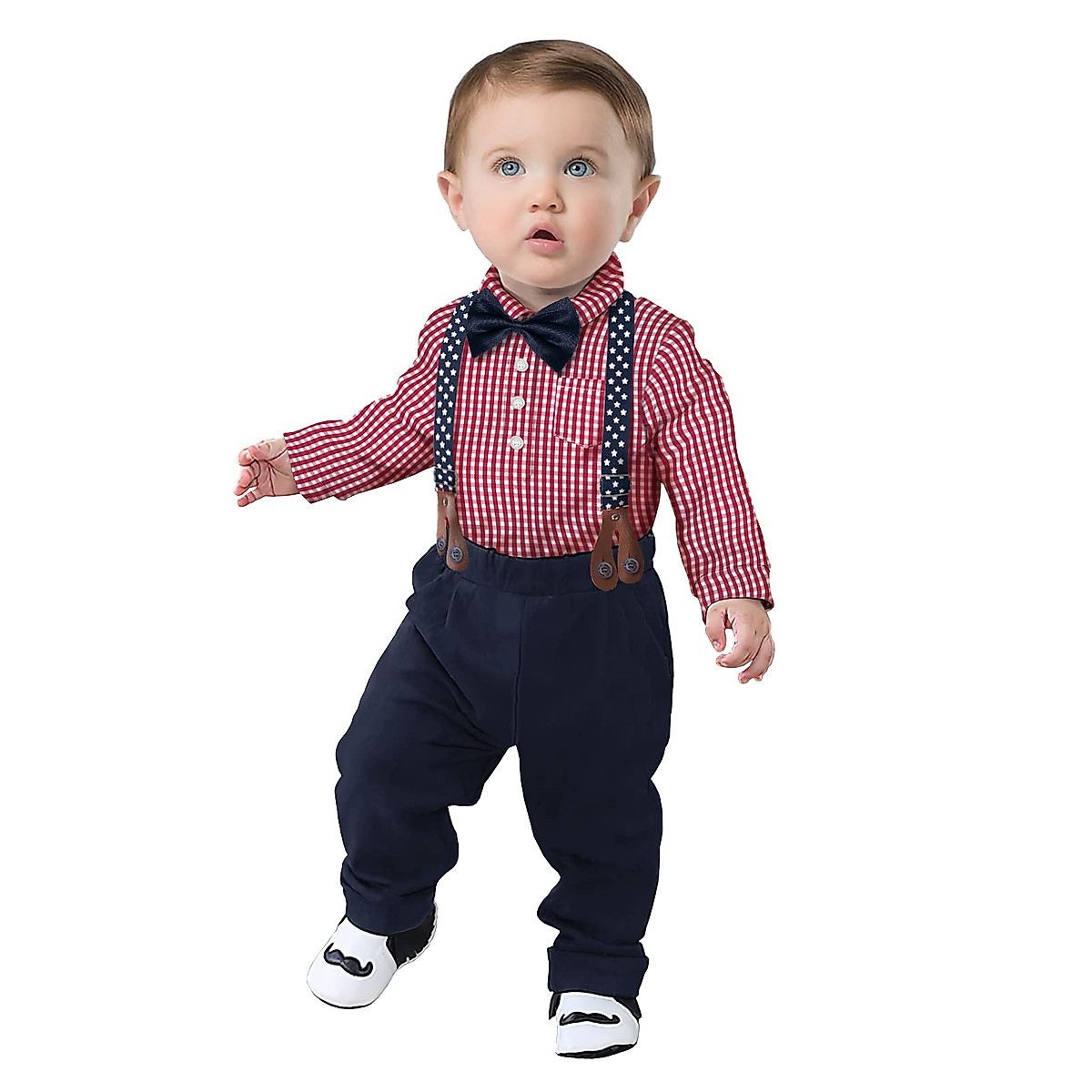 Yilaku Toddler Boys Dress Clothes Formal Wedding Outfits Suspender + Bow Tie + Shirt + Pants 4Piece Infant Gentleman Suits (2T-3T,Plaid Red)